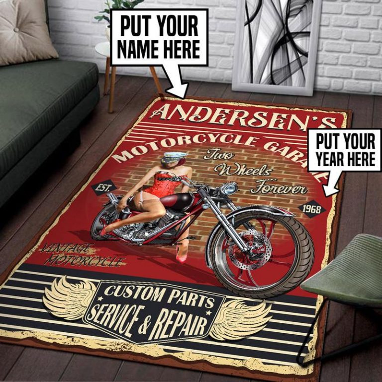 personalized motorcycle garage rug 06145 - Rustypod Store