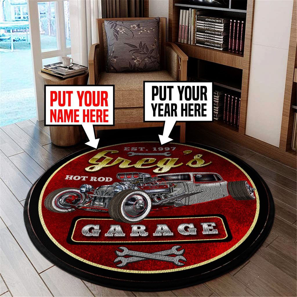 personalized hot rod garage round mat 06252 - Rustypod Store