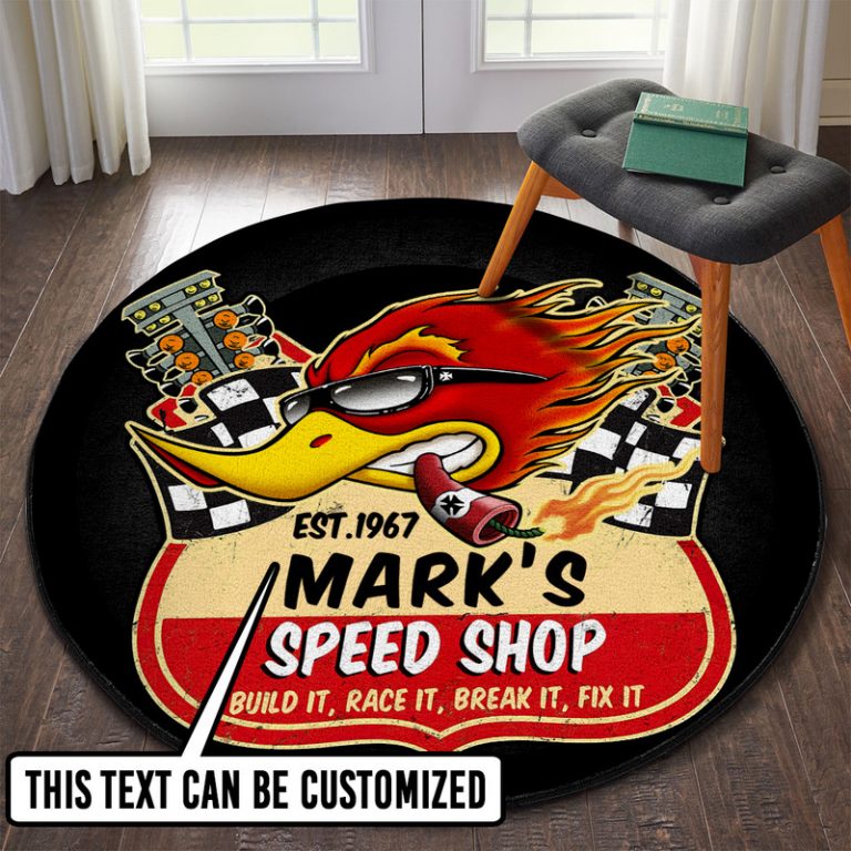 personalized hot rod garage round mat 09504 - Rustypod Store