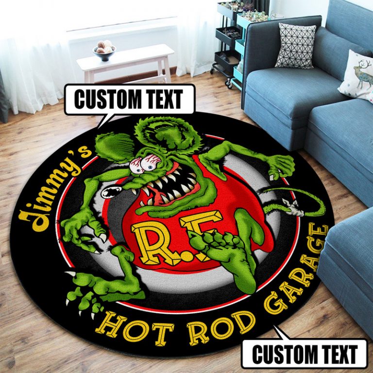 personalized hot rod garage round mat 09529 - Rustypod Store