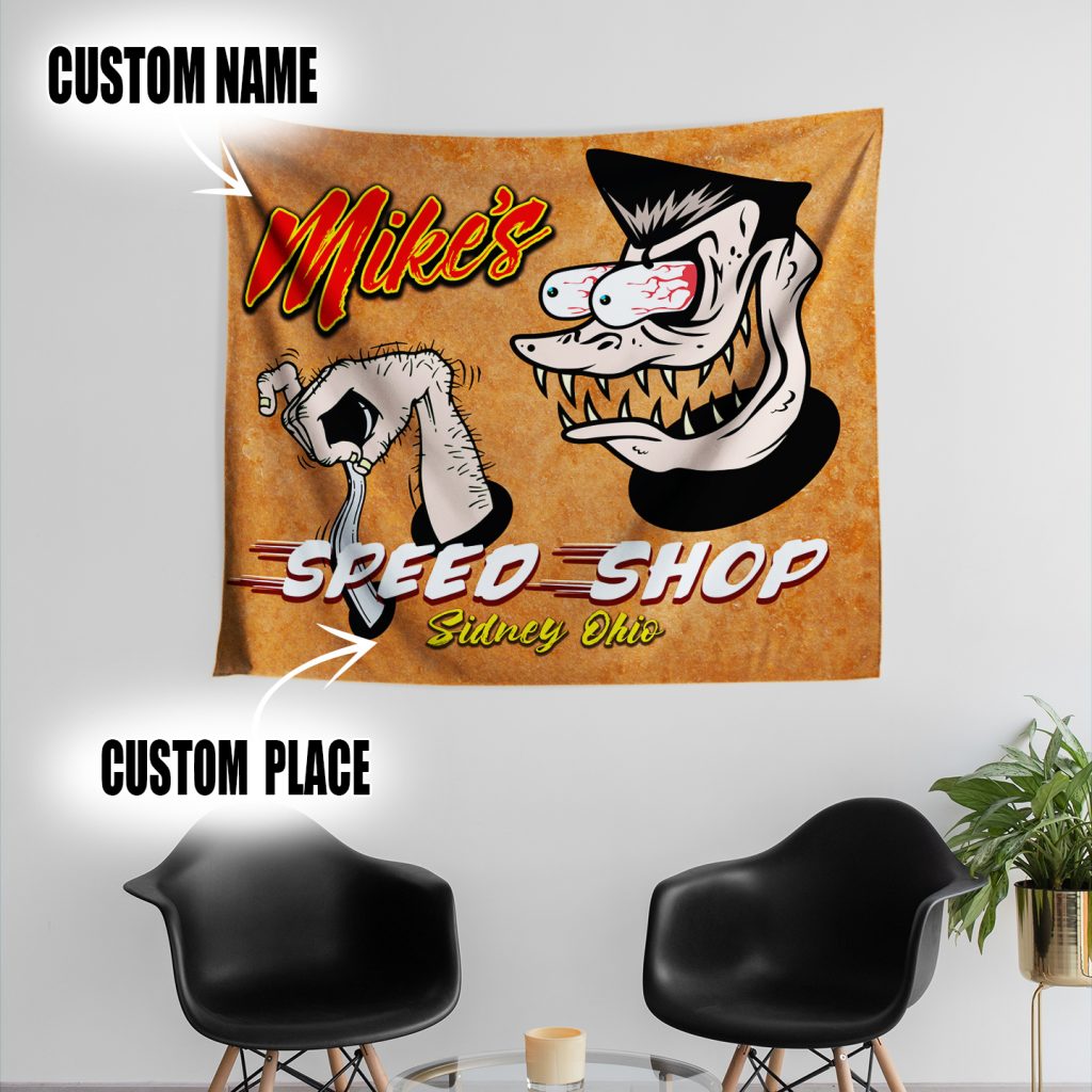 personalized hot rod garage | speed shop tapestry 09641 - Rustypod Store