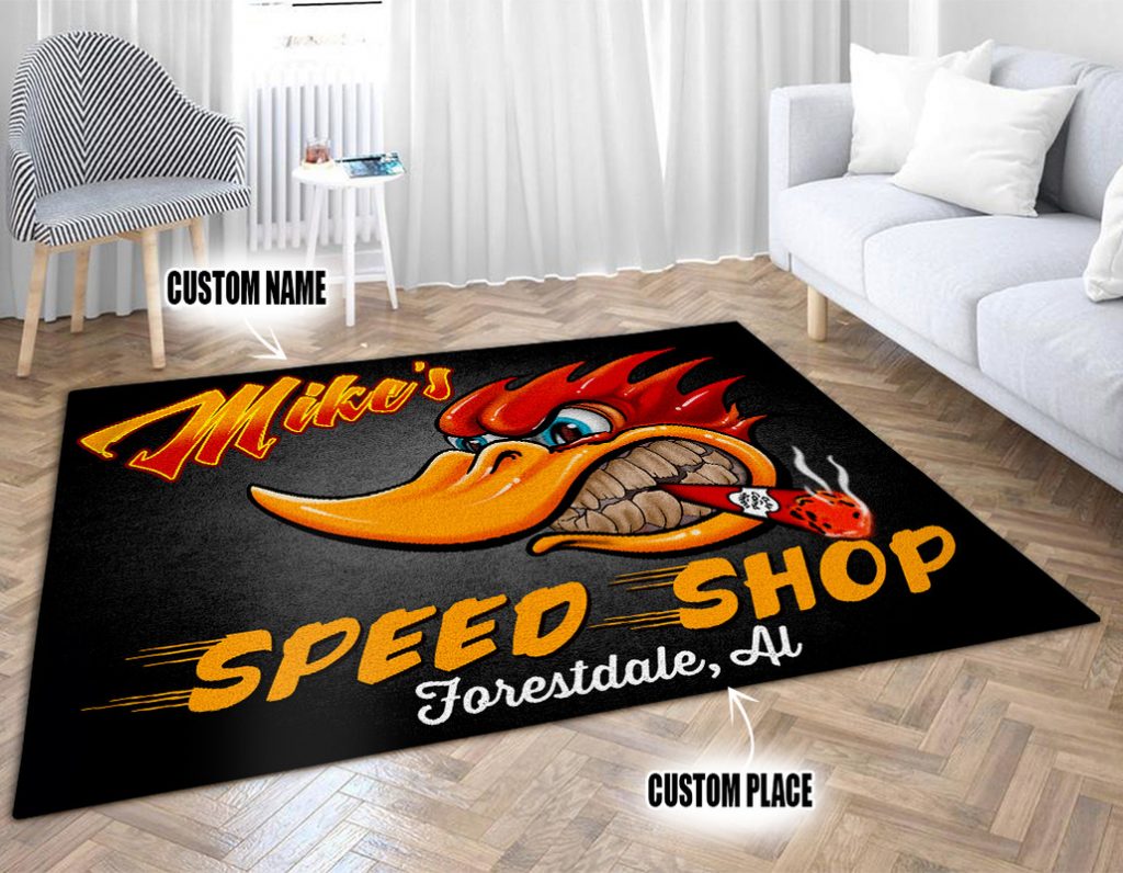 personalized hot rod garage | speed shop rug 09649 - Rustypod Store