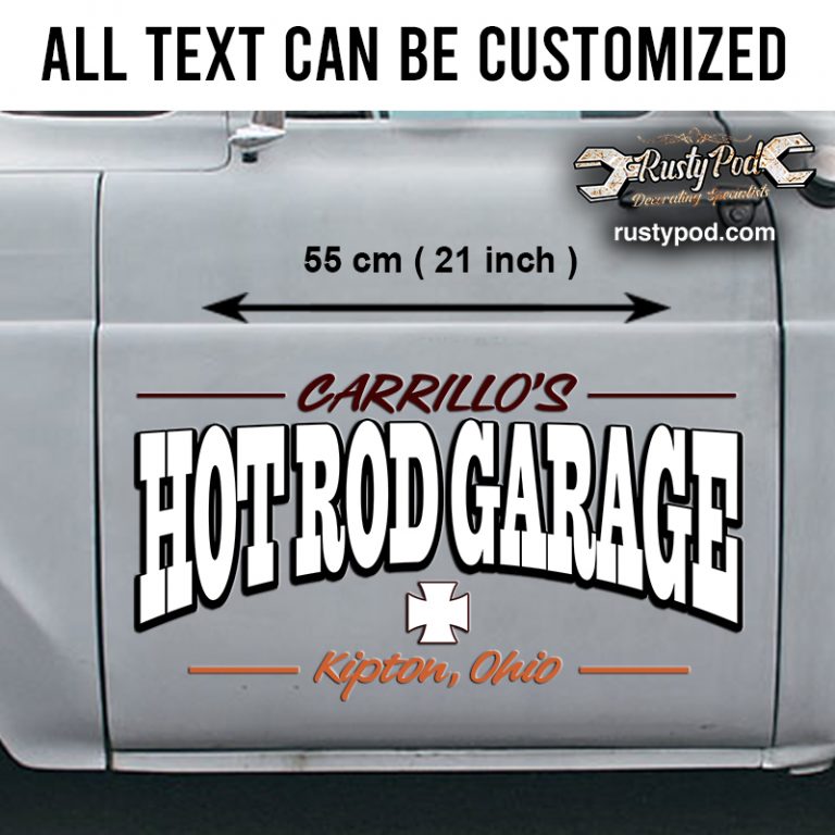 Personalized hot rod garage | door art lettering | iron cross vinyl ...