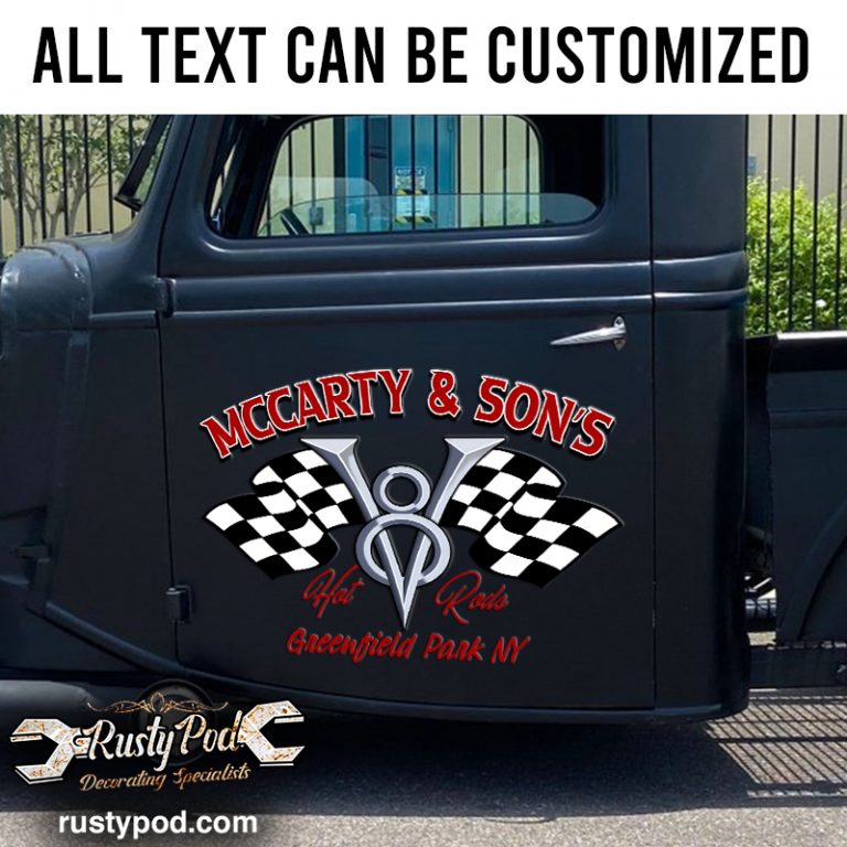 personalized checker flag V8 engine hot rod vinyl sticker 10411 ...