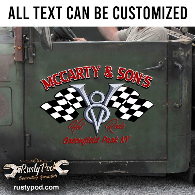 personalized checker flag V8 engine hot rod vinyl sticker 10411 ...