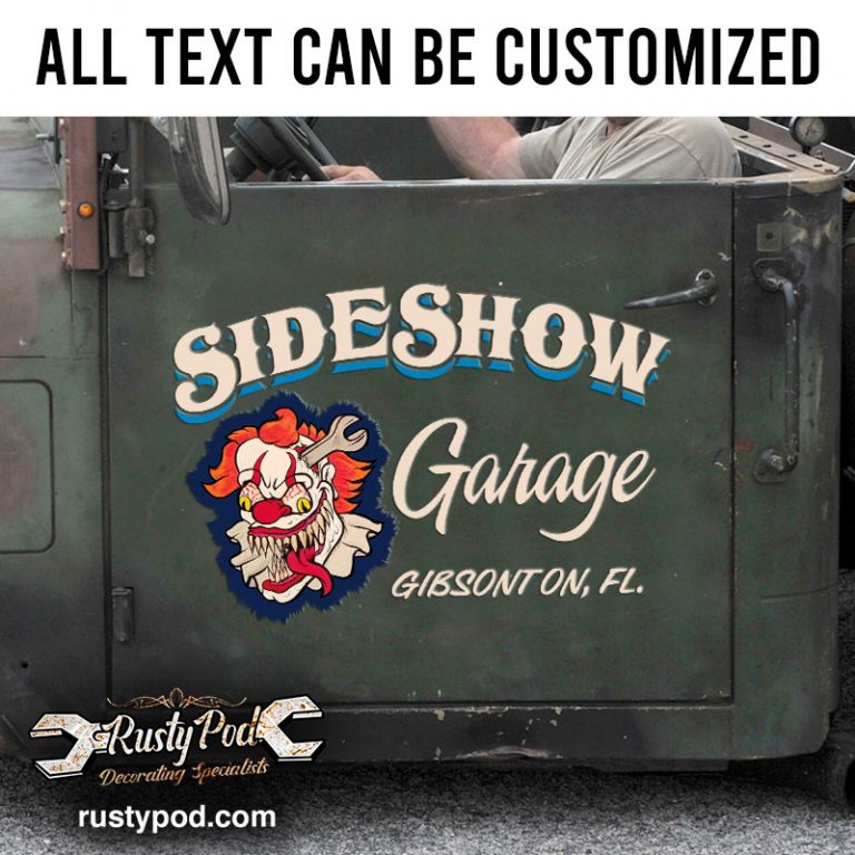 personalized sideshow garage lettering vinyl sticker 10493 - Rustypod Store