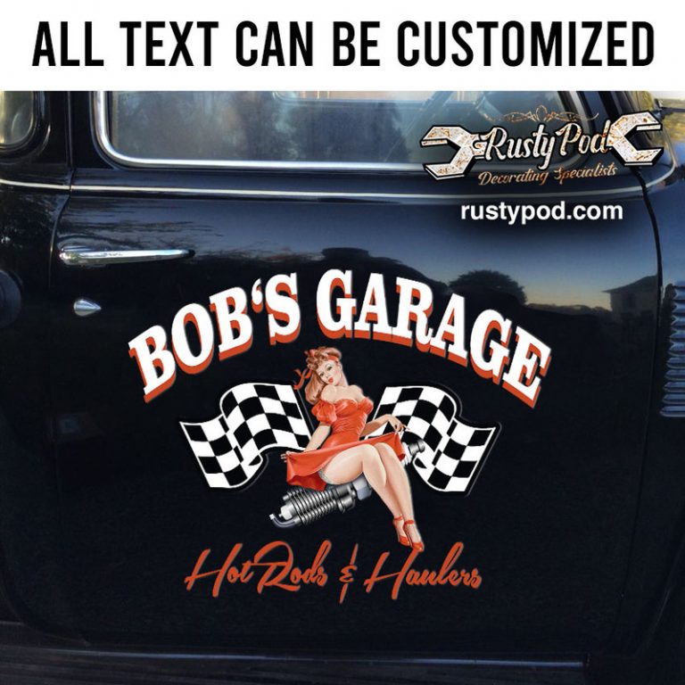 personalized pin up girl with checker flag lettering vinyl sticker ...