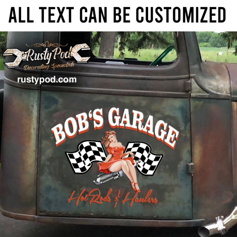 personalized pin up girl with checker flag lettering vinyl sticker ...
