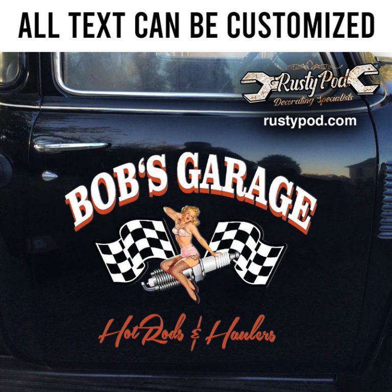 personalized checker flag pin up girl and spark plug lettering vinyl ...