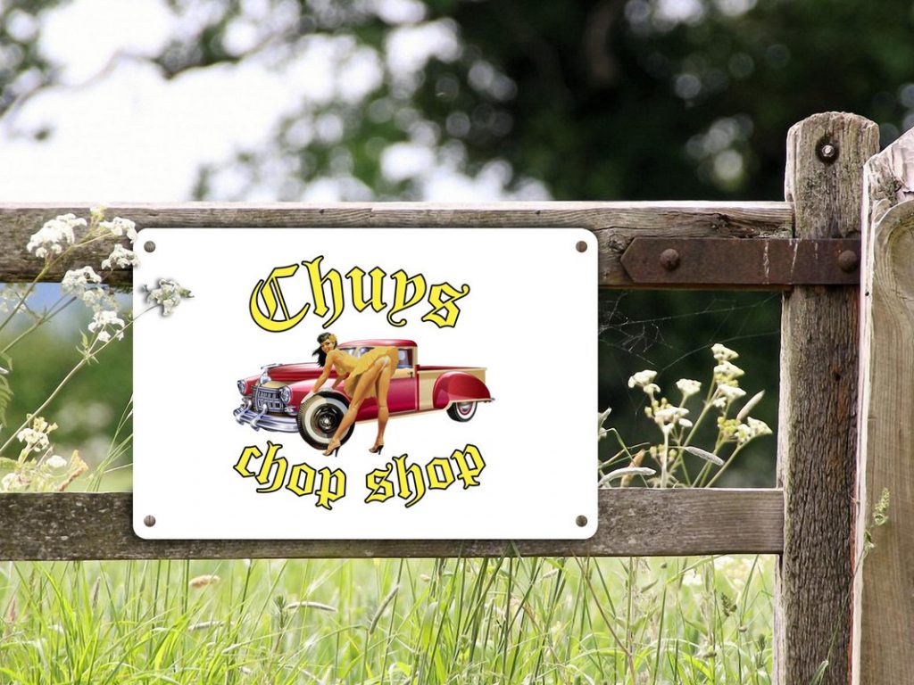 personalized pin up girl chop shop print metal sign 10954 - Rustypod Store