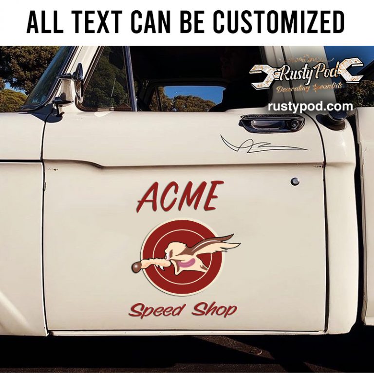 personalized acme speed shop wile e coyote sticker 11894 - Rustypod Store