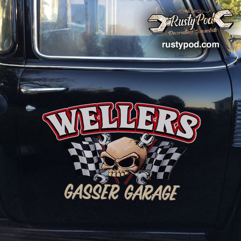personalized gasser lettering hand paint checker flag skull sticker ...