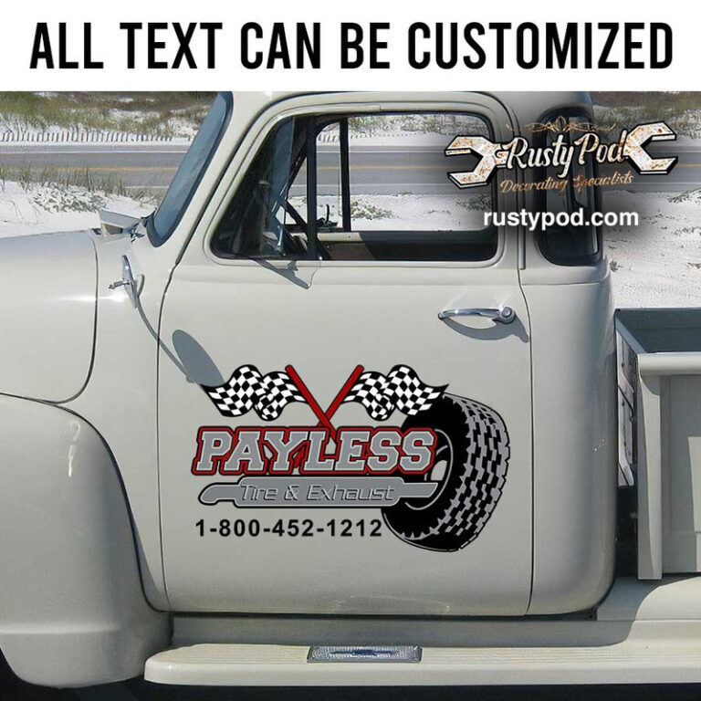 personalized tire garage truck lettering design checkered flag decal ...