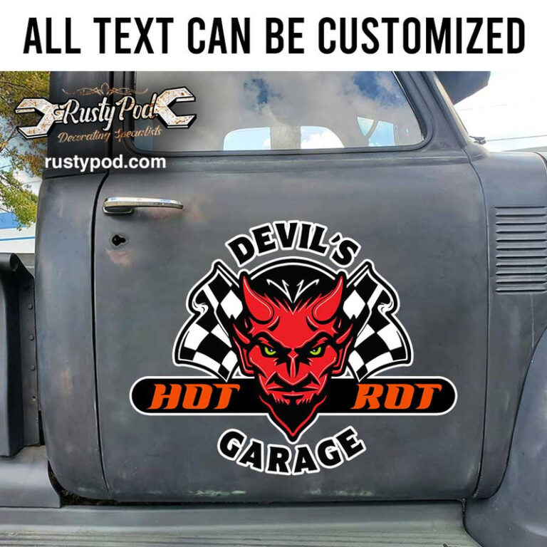 personalized hot rod door sign red devil lettering checkered flag ...