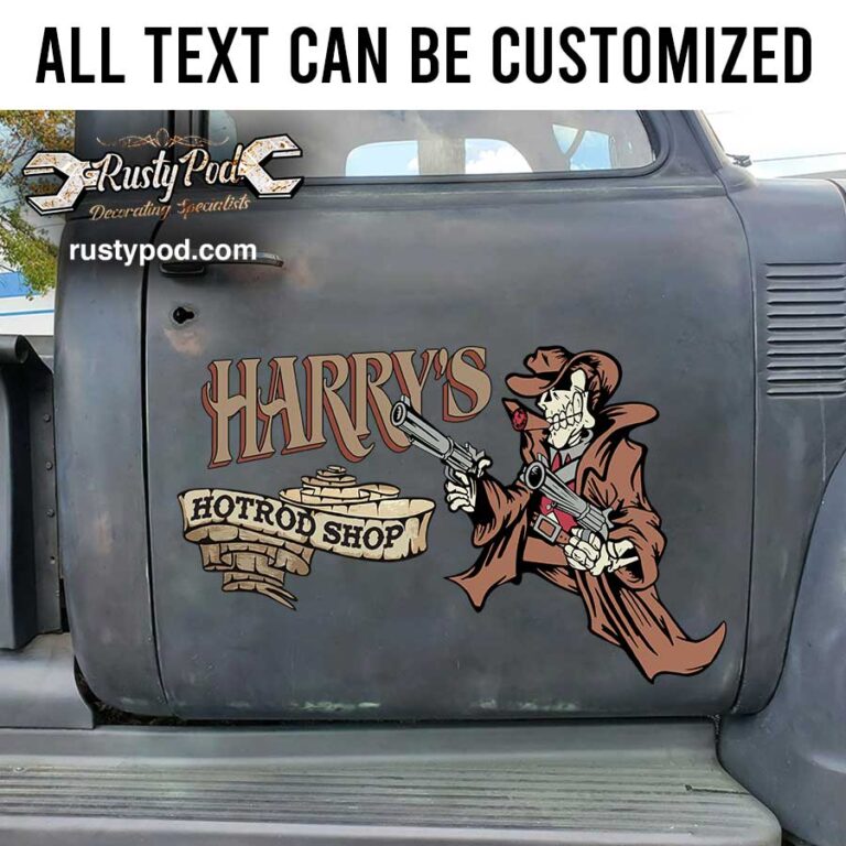 personalized skull cowboy hot rod shop lettering patina truck lettering ...