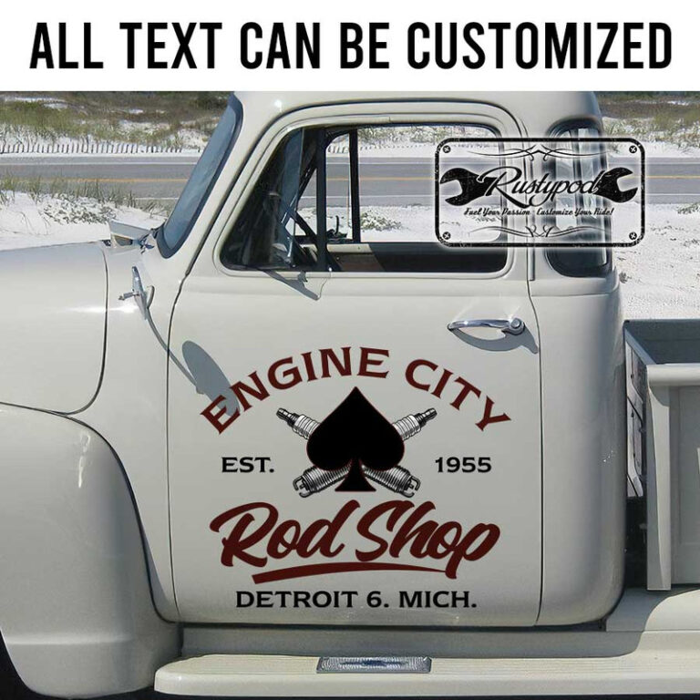personalized aces and spark plug rod shop lettering shop truck door ...