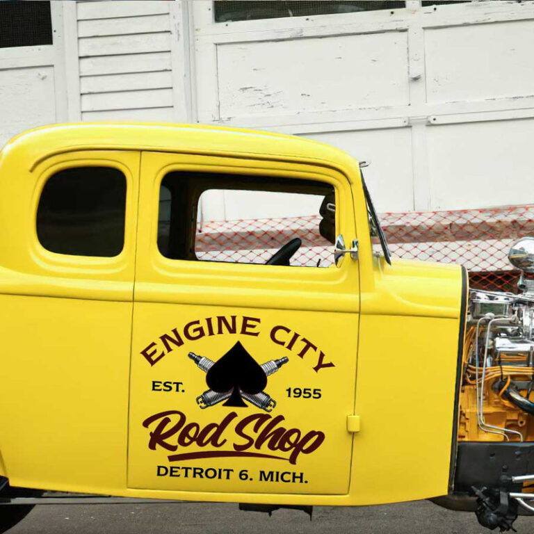 personalized aces and spark plug rod shop lettering shop truck door ...