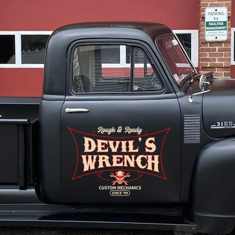 personalized red devil logo lettering decal hot rod deal kustom kulture ...