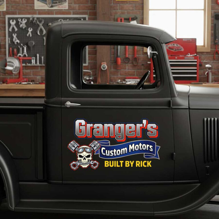 personalized skull and piston lettering decal custom motor garage sign ...